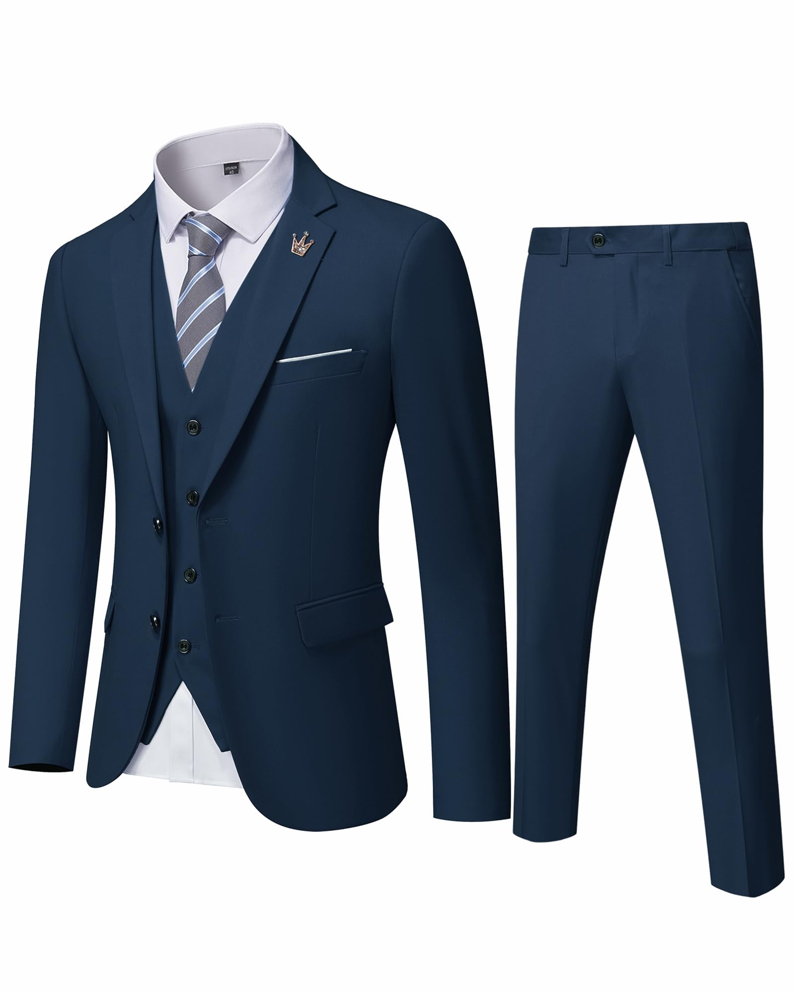 MY'S Men's 3 Piece Slim Fit Suit Set, 2 Button Blazer Jacket Vest Pants with Tie, Solid Wedding Dress Tux and Trousers Deep Blue