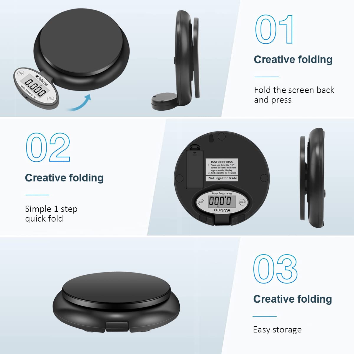Malama Kitchen Scale Foldable, Small Food Scale for Cooking, Multifunctional Office Accurate Weighing Scale with 0.1oz/1g Increment, 11lb/5kg Capacity, Black (Batteries Included)