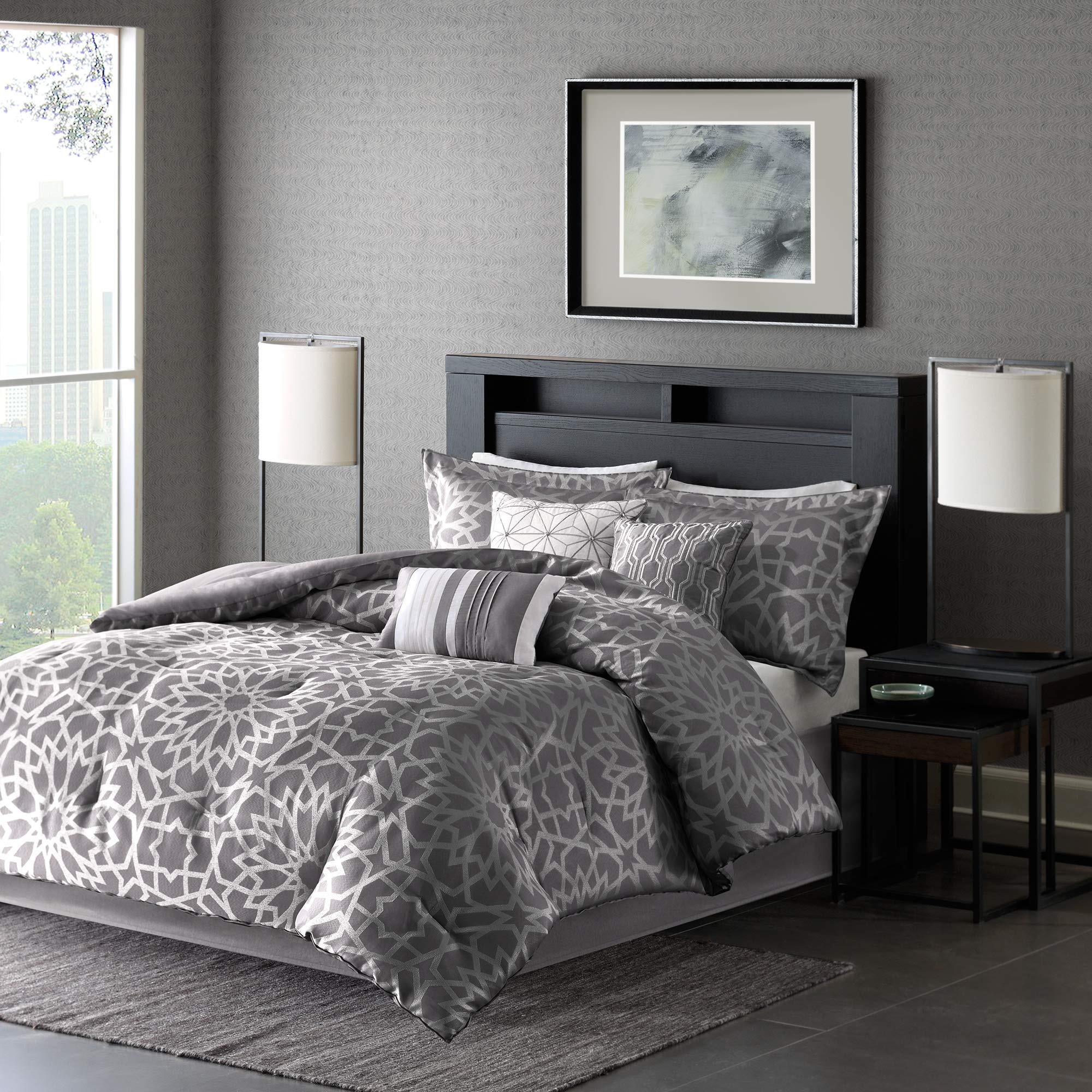 Madison Park Carlow Cozy Comforter Set-Trendy Design All Season Down Alternative Luxury Bedding with Matching Shams, Decorative Pillows, King (104 in x 92 in), Grey 7 Piece