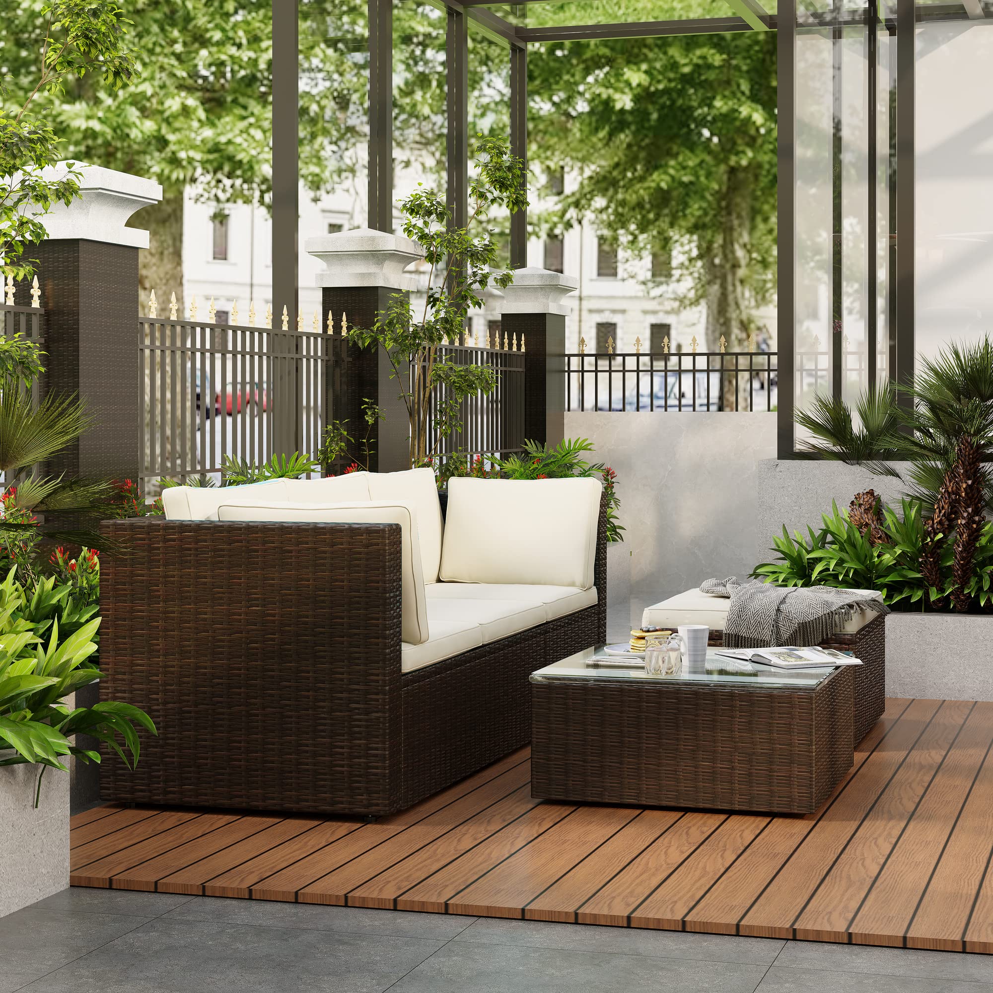 Melidee Outdoor Sectional Sofa - 5 Pieces Patio Furniture Sets, Manual Weaving Wicker Rattan Conversation Sets with Cushion and Glass Table