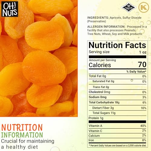 Oh! Nuts Dried Turkish Apricots - 2 LB Bulk | Fresh Dehydrated Natural Apricots, Sundried Unsweetened Dried Fruit for Snacking & Baking | No Sugar Added, All Natural, Non-GMO, Gluten-Free