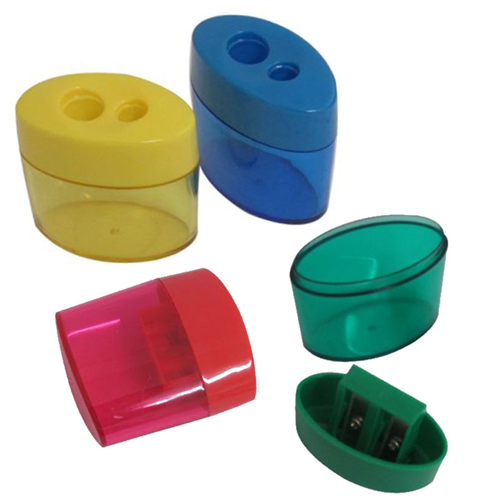 Mega Stationers Mega Pack of 12 Double Hole Oval Shaped Pencil Sharpener with Cover and Receptacle - Comes in 4 Colors