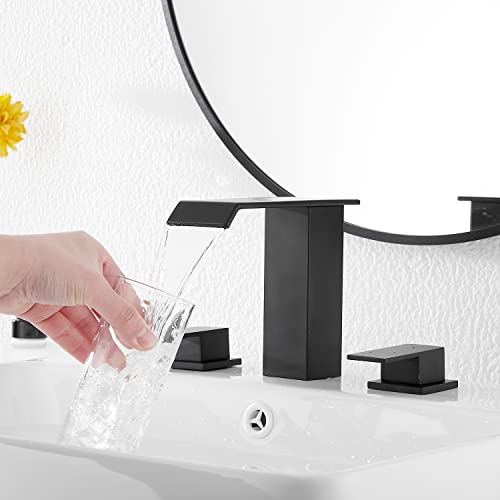 Waterfall Bathroom Faucet Matte Black Widespread GGStudy 3 Holes 2 Handle Black Modern Bathroom Sink Faucet with Pop Up Drain