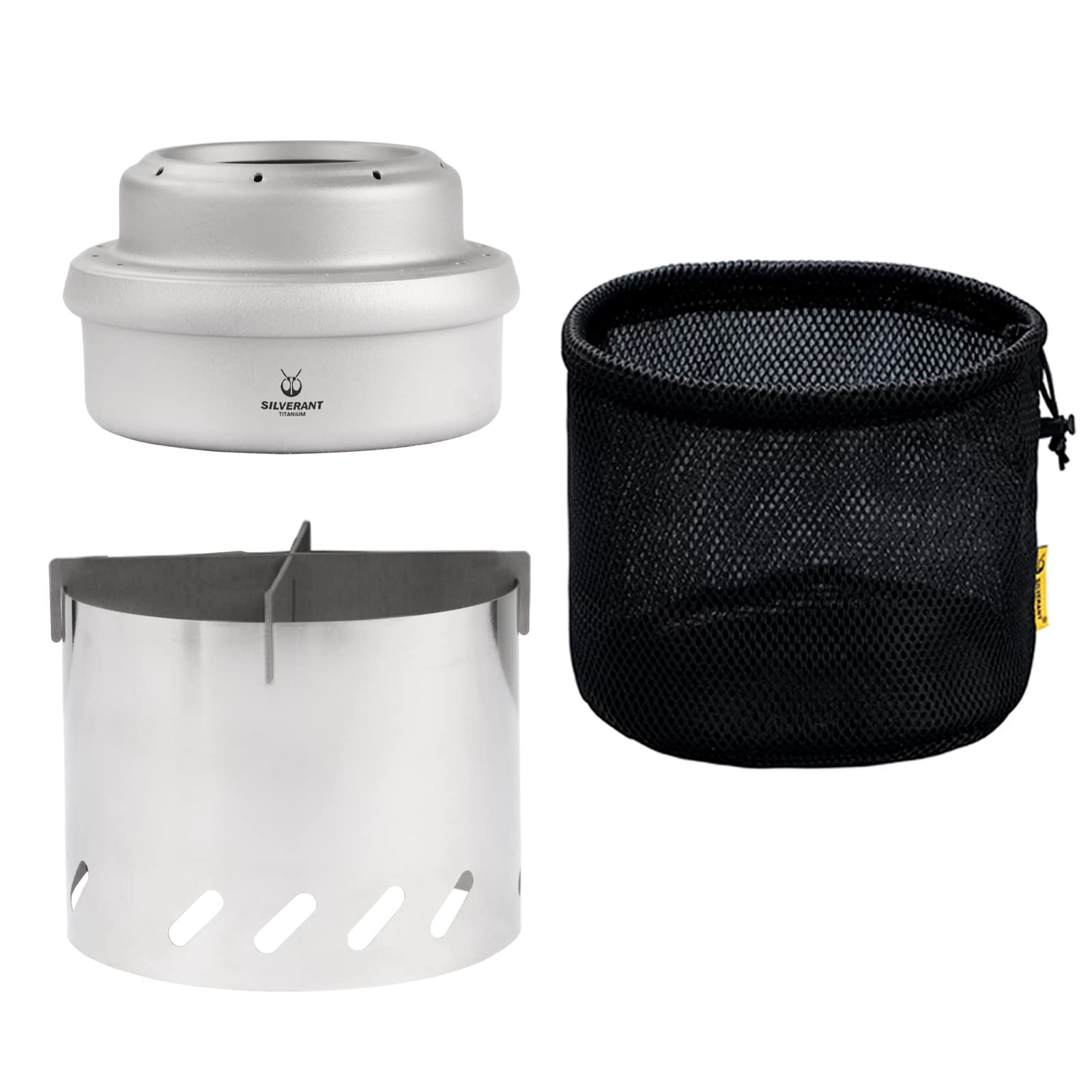 SILVERANT Titanium Ultralight Alcohol Multifuel Stove With Windshield & Cross Stand - For Camping, Backpacking, & Hiking With Drawstring Case (Alcohol Stove with Wind Shield)