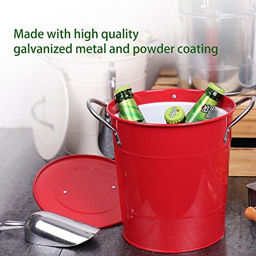 T586 4L Red Metal Double Walled Ice Bucket Set With Lid And Scoop
