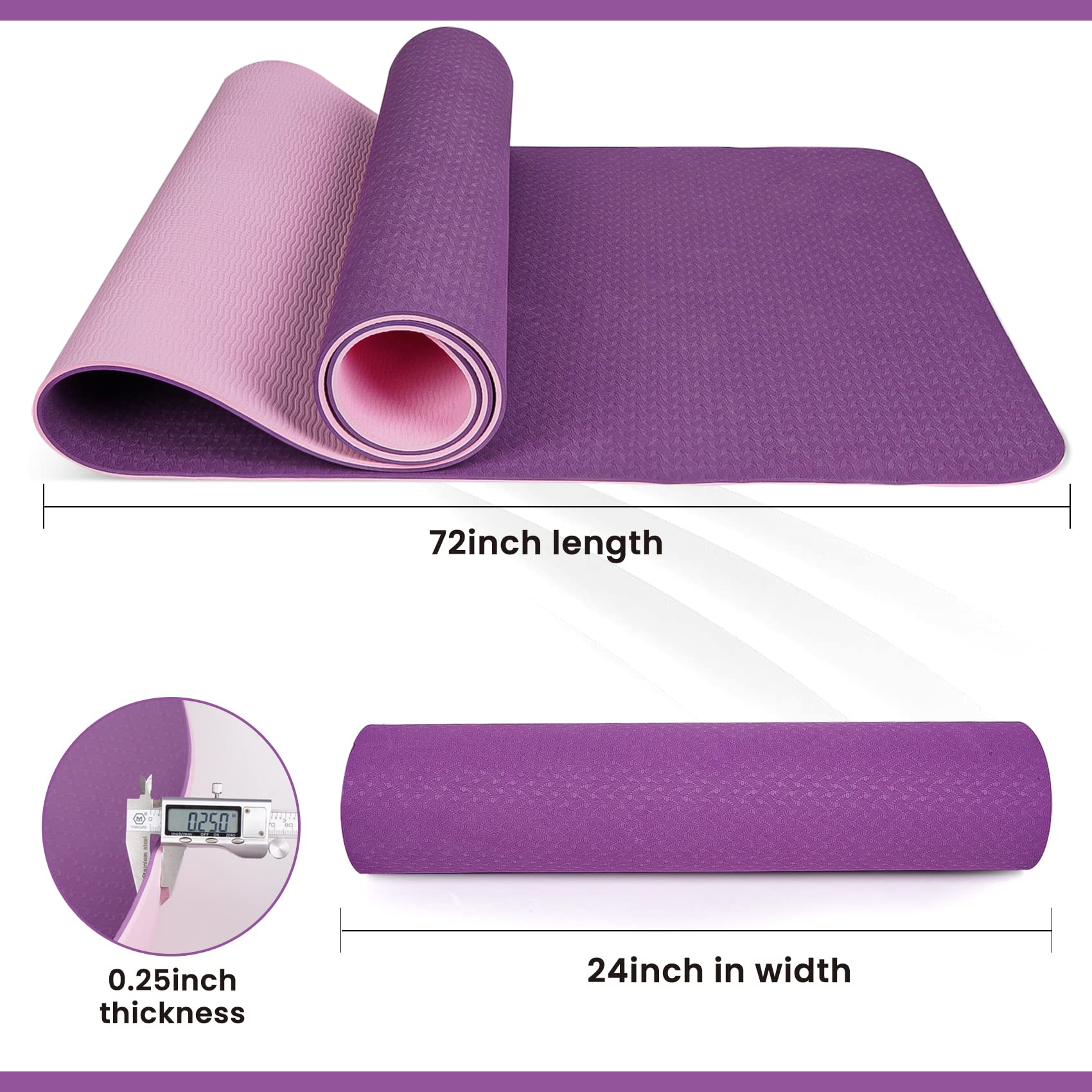Non-Slip Yoga Mat, Eco Friendly TPE Workout Mat with Strap and Bag, 1/4 Inch Thick, 72”x 24”, Comfortable and Easy to Carry, Purple