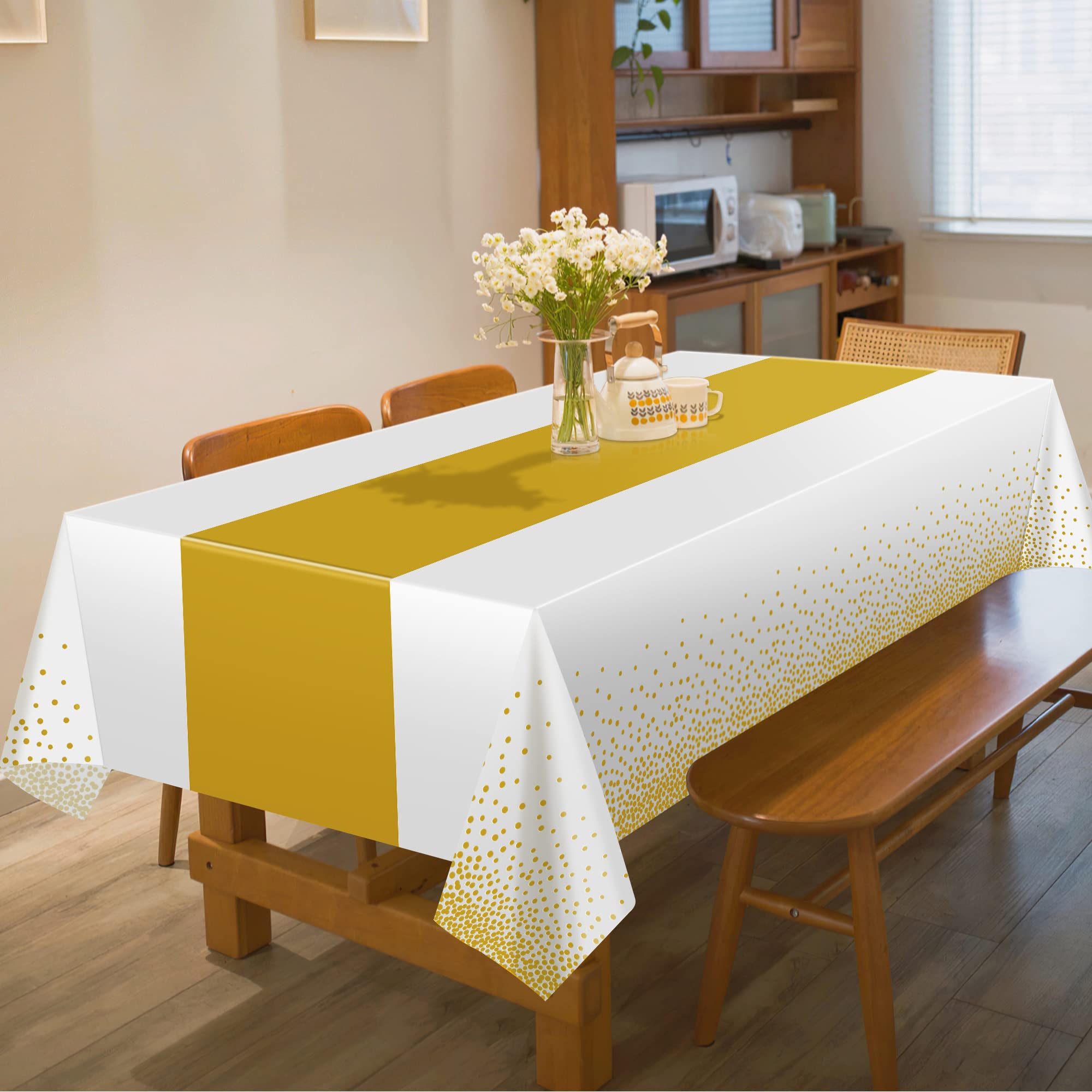 OHOME 4 Pack Disposable Plastic Table Cloths for Parties,White and Gold Rectangle Table Covers for Wedding Bridal Shower Birthday | Baptism Decorations,Engagement Party Decorations 54" x 108"