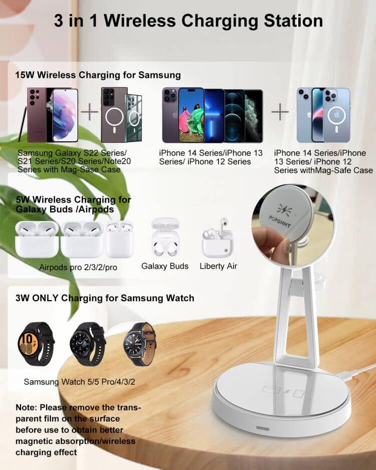 Magnetic Wireless Charging Station for Samsung, 3 in 1 Charging Stand 18W Mag-Safe Fast Charger Compatible for S23/S22/S21/S20/S10/Note 20/Z Flip 4, for iPhone 15,14,13,12, for Galaxy Watch & Buds