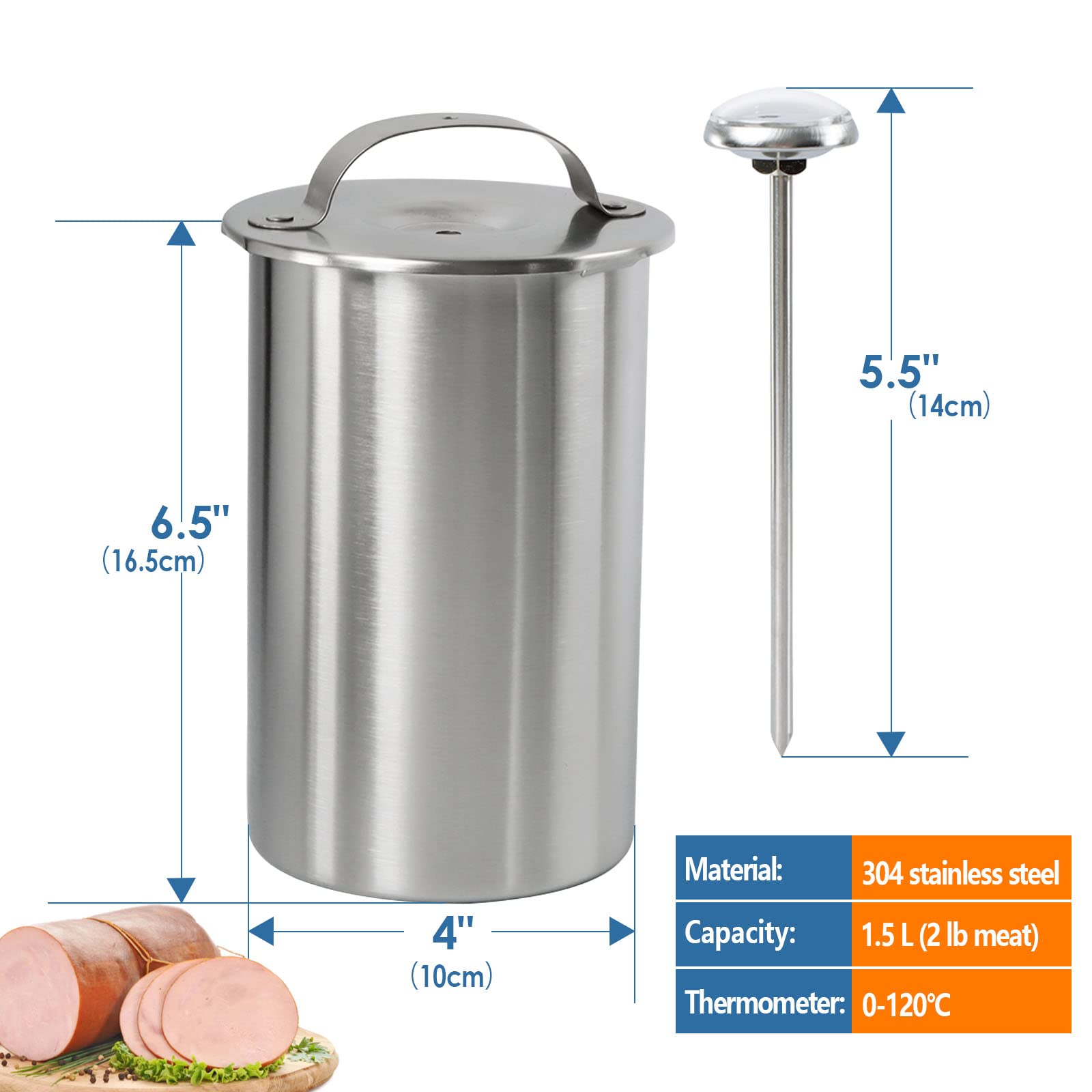 Stainless Steel Ham Maker Meat Press Cooker for Making Healthy Homemade Deli Meat with Thermometer - Kitchen Bacon Meat Pressure Cookers Boiler Pot Pan Stove
