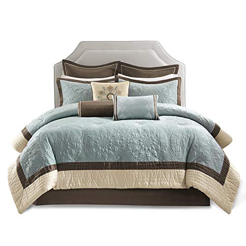 Madison Park Cozy Comforter Set Casual Modern Design All Season, Matching Bed Skirt, Decorative Pillows, Queen(92"x96"), Blue, 9 Piece (MP10-458)