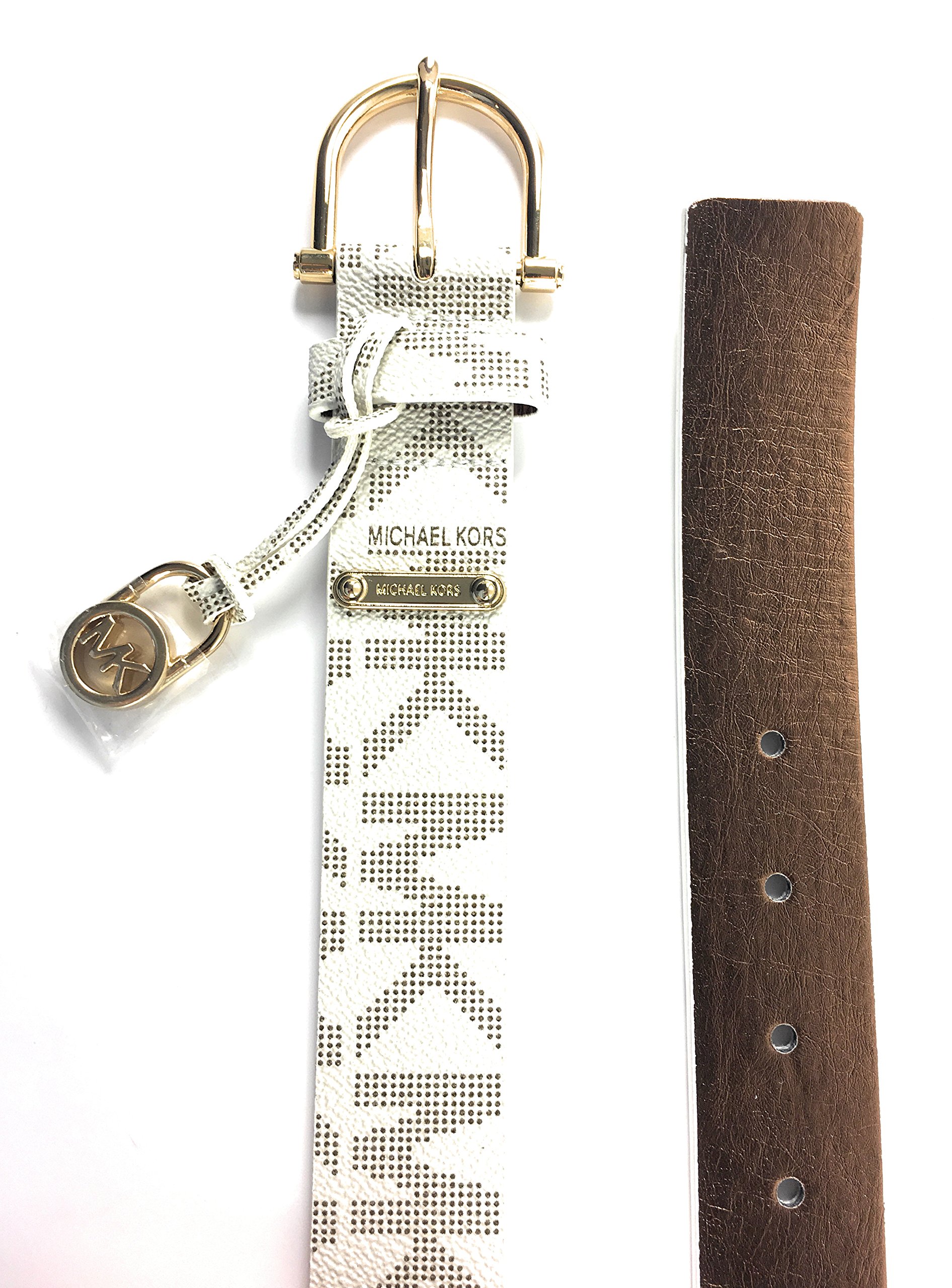 Michael Kors MK Logo Gold Charm Hamilton Belt, Vanilla, Medium