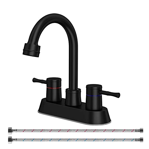 yeulluey Black Bathroom Faucets, 360 Swivel Spout 2 Handle Bathroom Sink Faucet with Water Supply Lines Lead-Free 4 Inch Centerset Faucet for Bath Basin 2 3 Hole