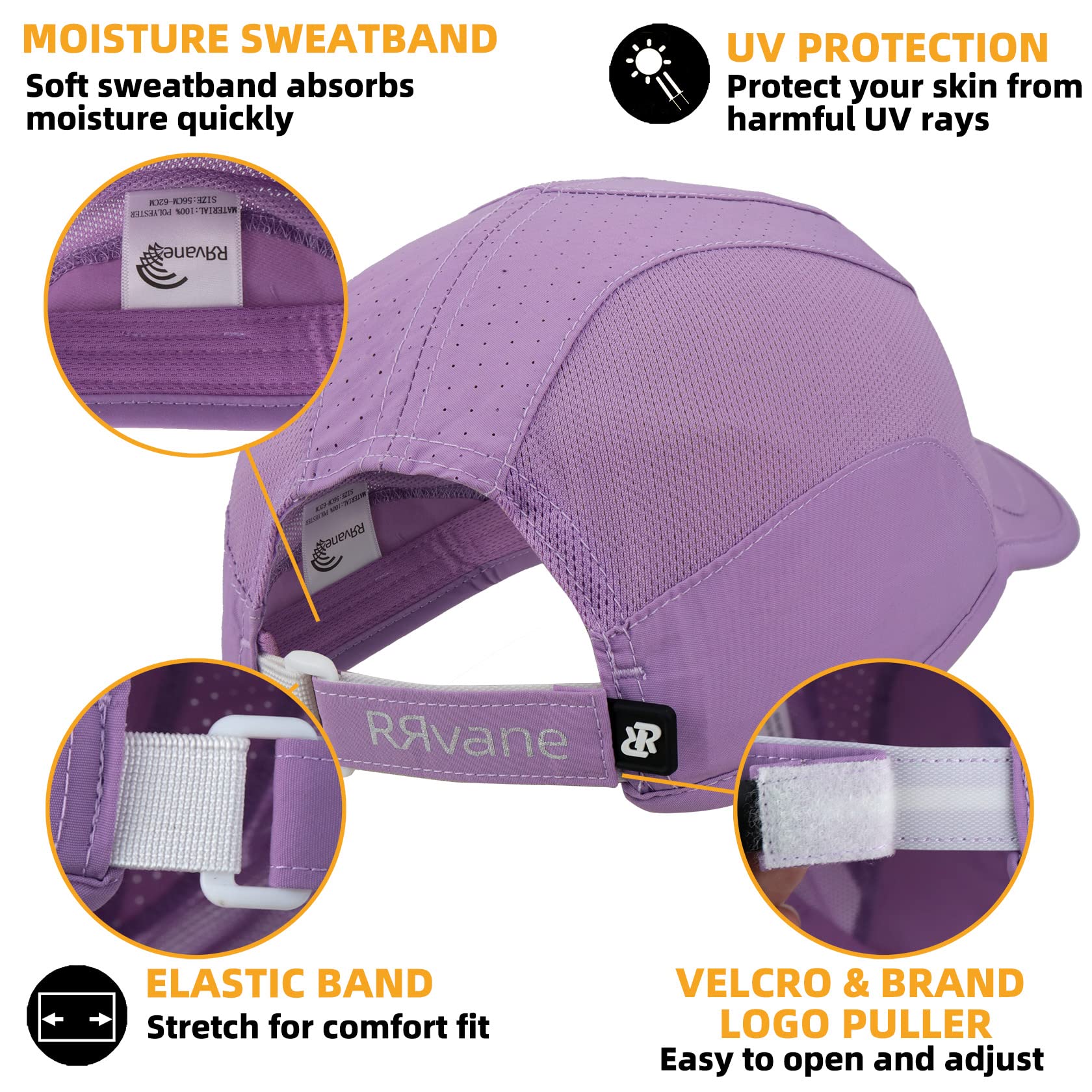 RRvane Unstructured Outdoor Sports Hat Polyester Quick Dry Running Cap, Unisex Baseball Cap Fit for 22"~24-3/8" (Lavender)