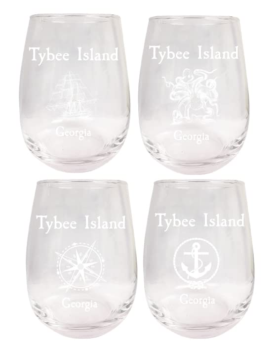 R and R Imports Tybee Island Georgia Souvenir 9 Ounce Laser Engraved Stemless Wine Glass Nautical Designs 4-Pack