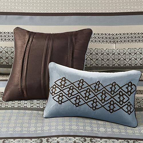 Madison Park Cozy Comforter Set - Luxurious Jaquard Traditional Damask Design, All Season Down Alternative Bedding with Matching Shams, Decorative Pillow Princeton Blue Queen(90"x90") 7 Piece