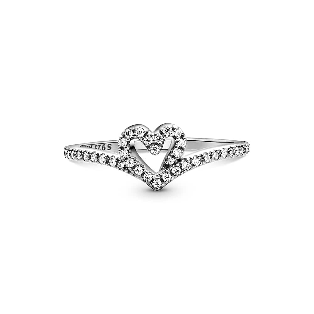 Pandora Sparkling Wishbone Heart Ring - Stackable Ring for Women - Sterling Silver with Clear Cubic Zirconia - Size 9