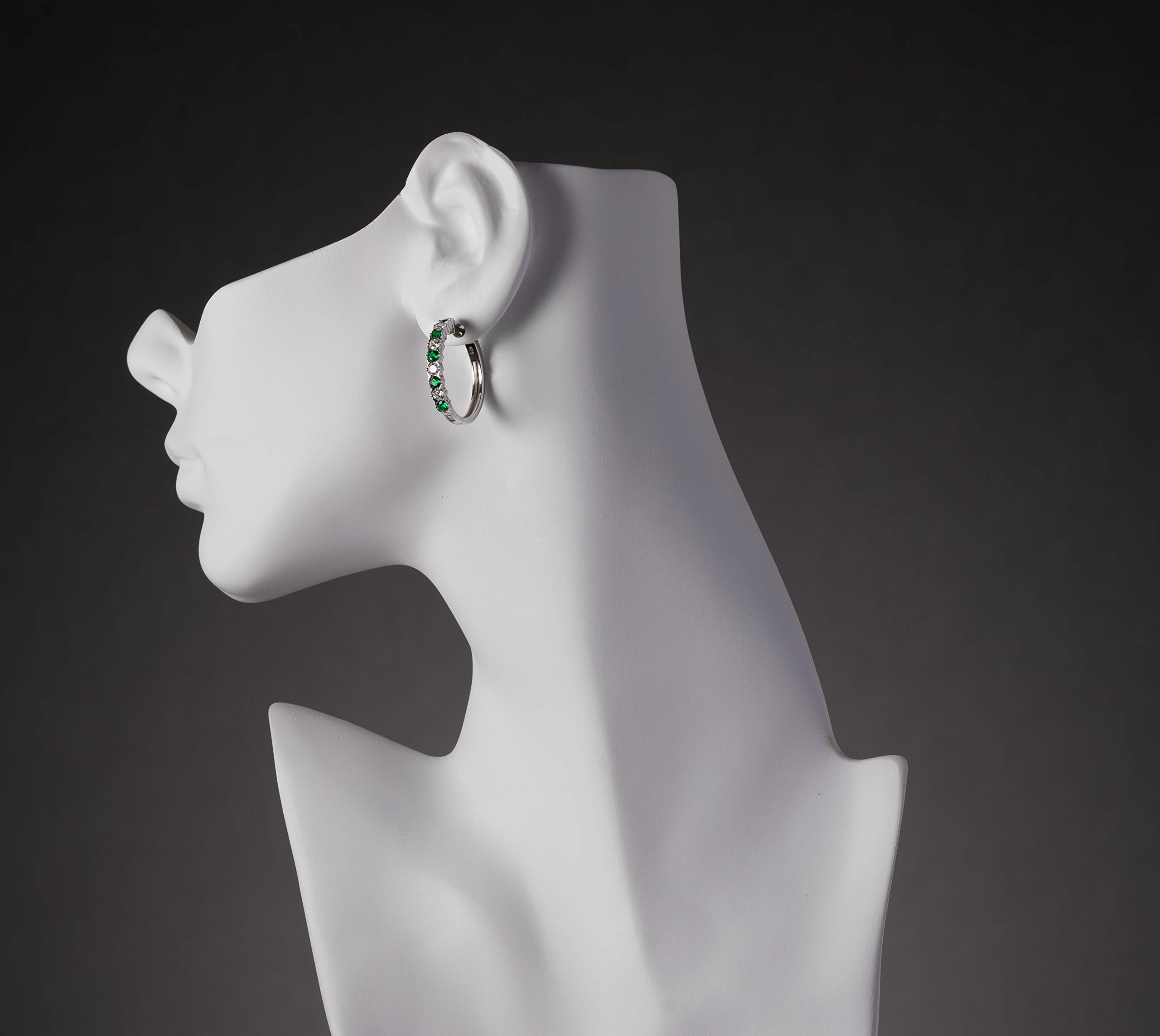 Peora Simulated Emerald and White Cubic Zirconia Women's Hoop Earrings in Sterling Silver, 1.50 Carats total, 1 inch Diameter