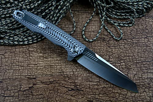 TwoSun TS16 G10 Handle Folding Knife D2 blade Flipper Fast Opening Pocket Survival with Clip, black&white