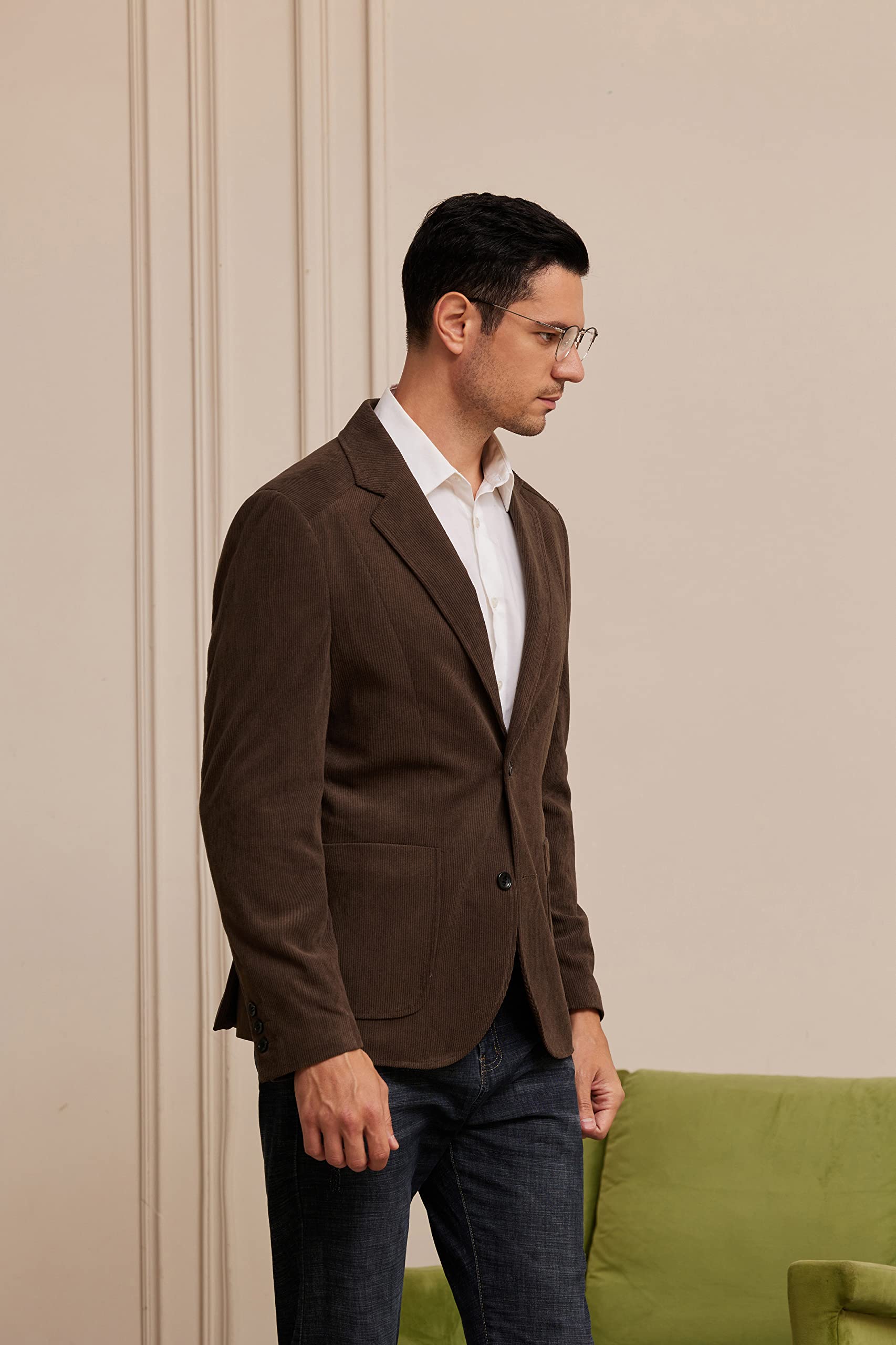 Men's Casual Corduroy Suit Blazer Single-Button Sport Coat Dark Brown L
