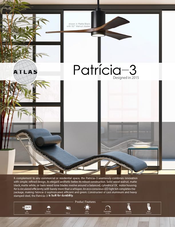 Matthews PA3-TB-WA-60 Patricia Indoor/Outdoor Damp Rated 60" Ceiling Fan with LED Light and Remote & Wall Control, 3 Walnut Solid Wood Blades, Textured Bronze