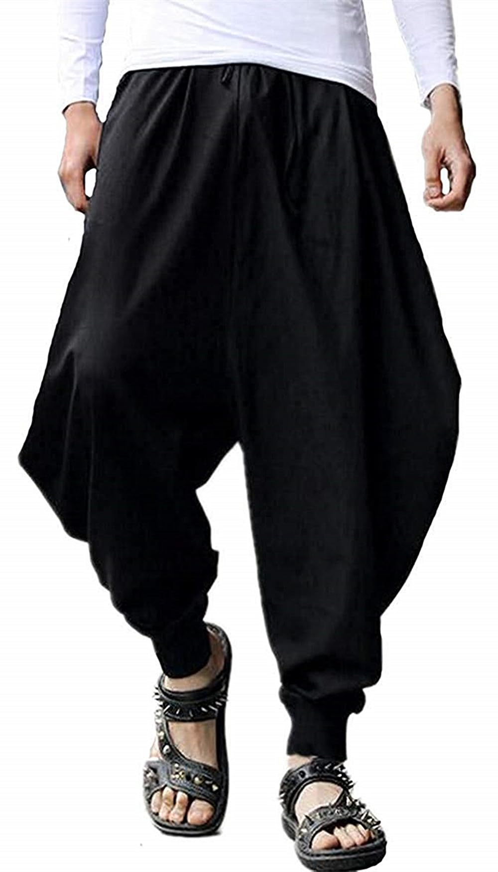 perdontoo Mens Harem Jogger Pants Loose Fit Elastic Waist Drawstring Aladdin Hippie Trousers (29, Black)