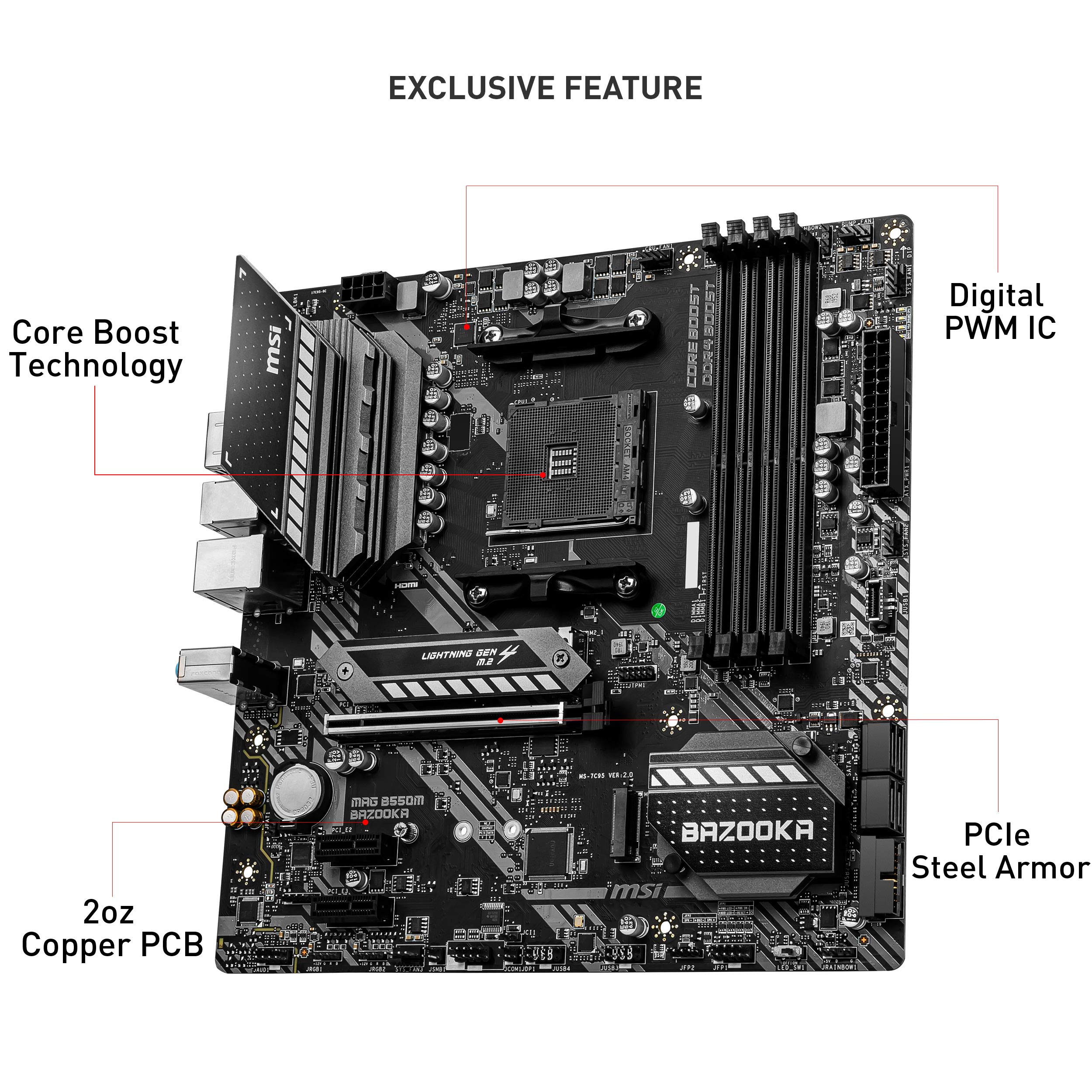MSI MAG B550M Bazooka Gaming Motherboard (AMD AM4, DDR4, PCIe 4.0, SATA 6Gb/s, M.2, USB 3.2 Gen 1, HDMI/DP, Micro-ATX)