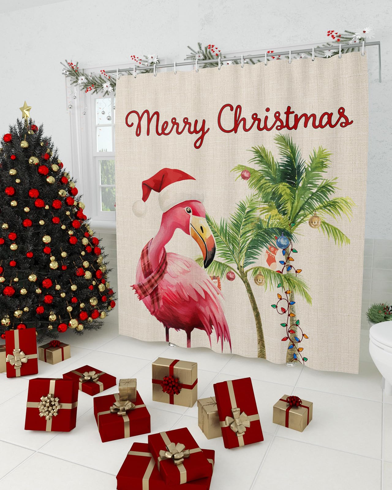 Merry Christmas Shower Curtain for Bathroom 72" x 78" Tropical Flamingo Palm Tree Shower Curtain with Hooks Polyester Waterproof Home Bathtub Decor