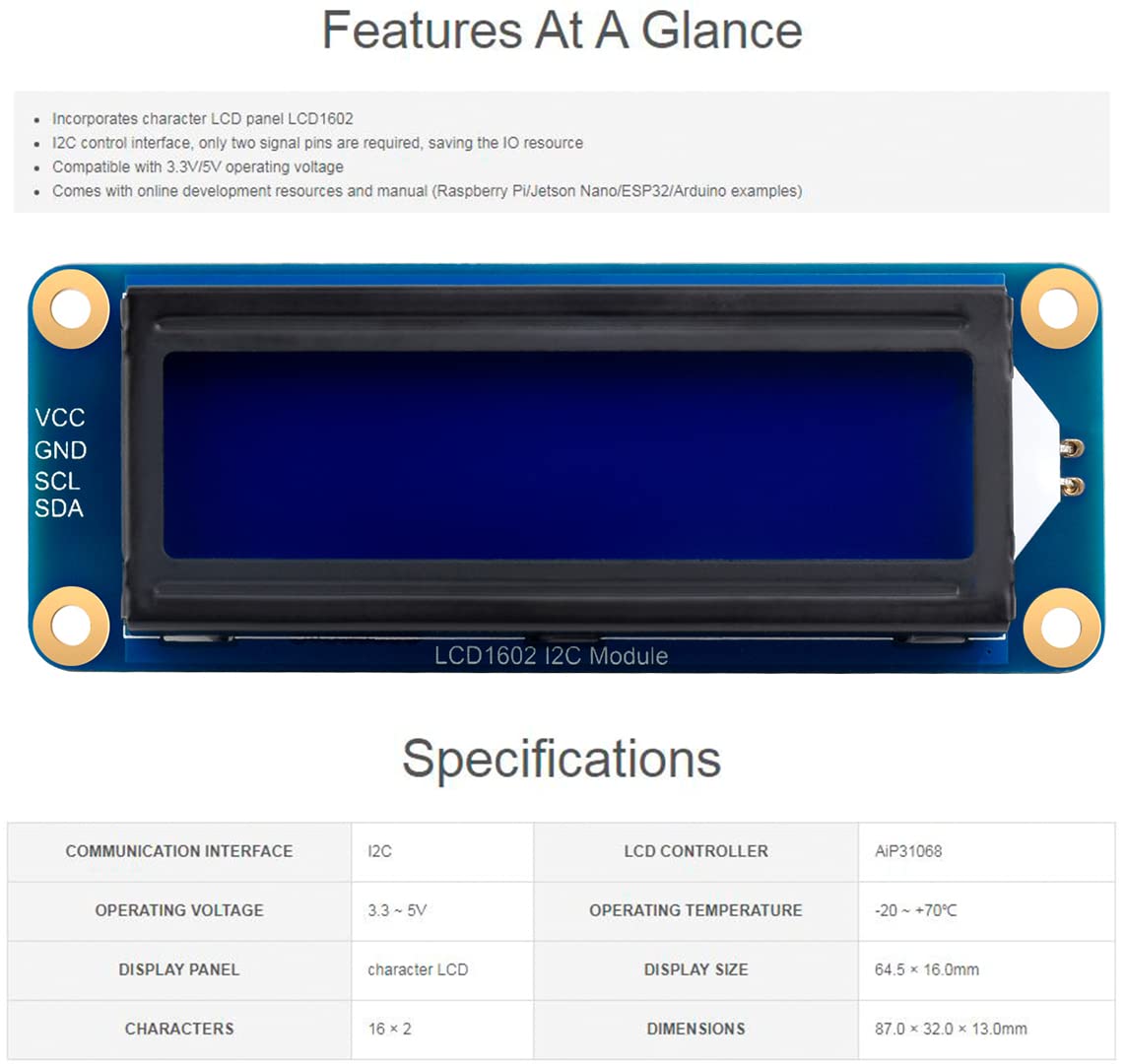 waveshare AiP31068 LCD1602 I2C Module,16x2 Characters Display, White Color with Blue Background, Compatible with Arduino/Raspberry Pi/Raspberry Pi Pico/Jetson Nano/ ESP32, 3.3V/5V