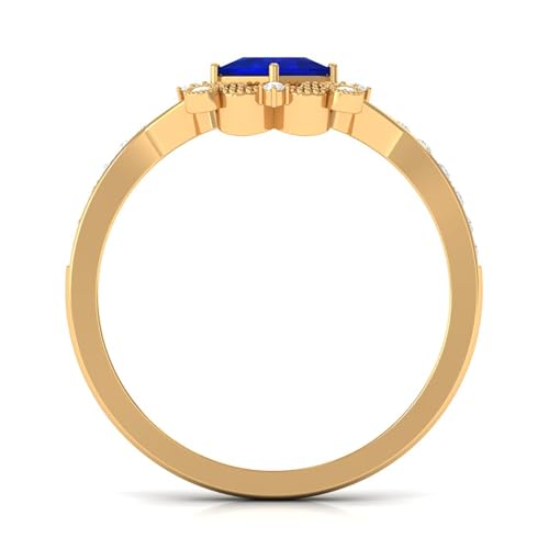 Rosec Jewels Certified Lab Grown Blue Sapphire Diamond Vintage Ring, 5 MM Sapphire Princess Cut Engagement Ring, AAAA Quality, 14K Yellow Gold, Size:US 7.50