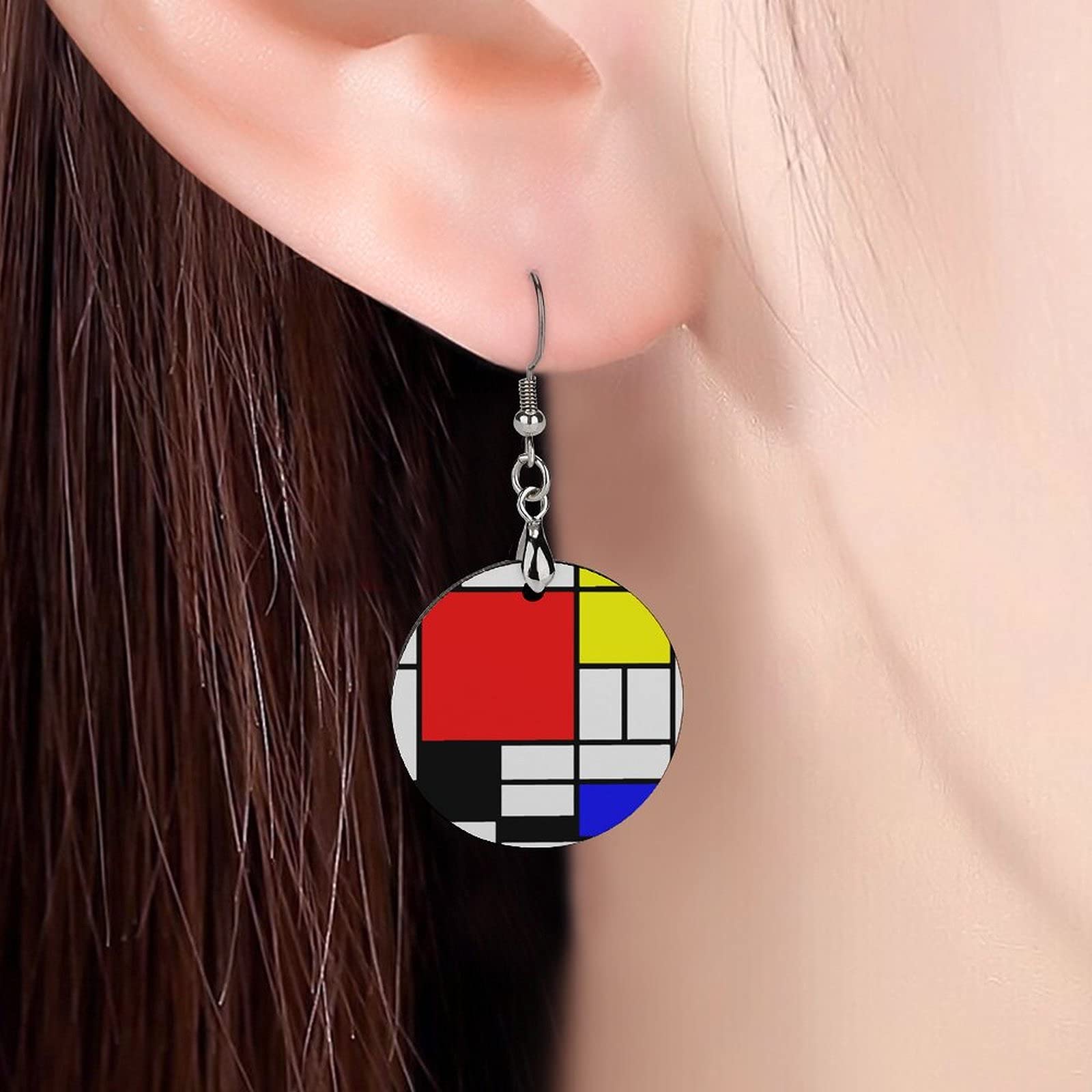 Mondrian Style Round Wooden Earrings Pendant Retro Dangle For Women Girl's