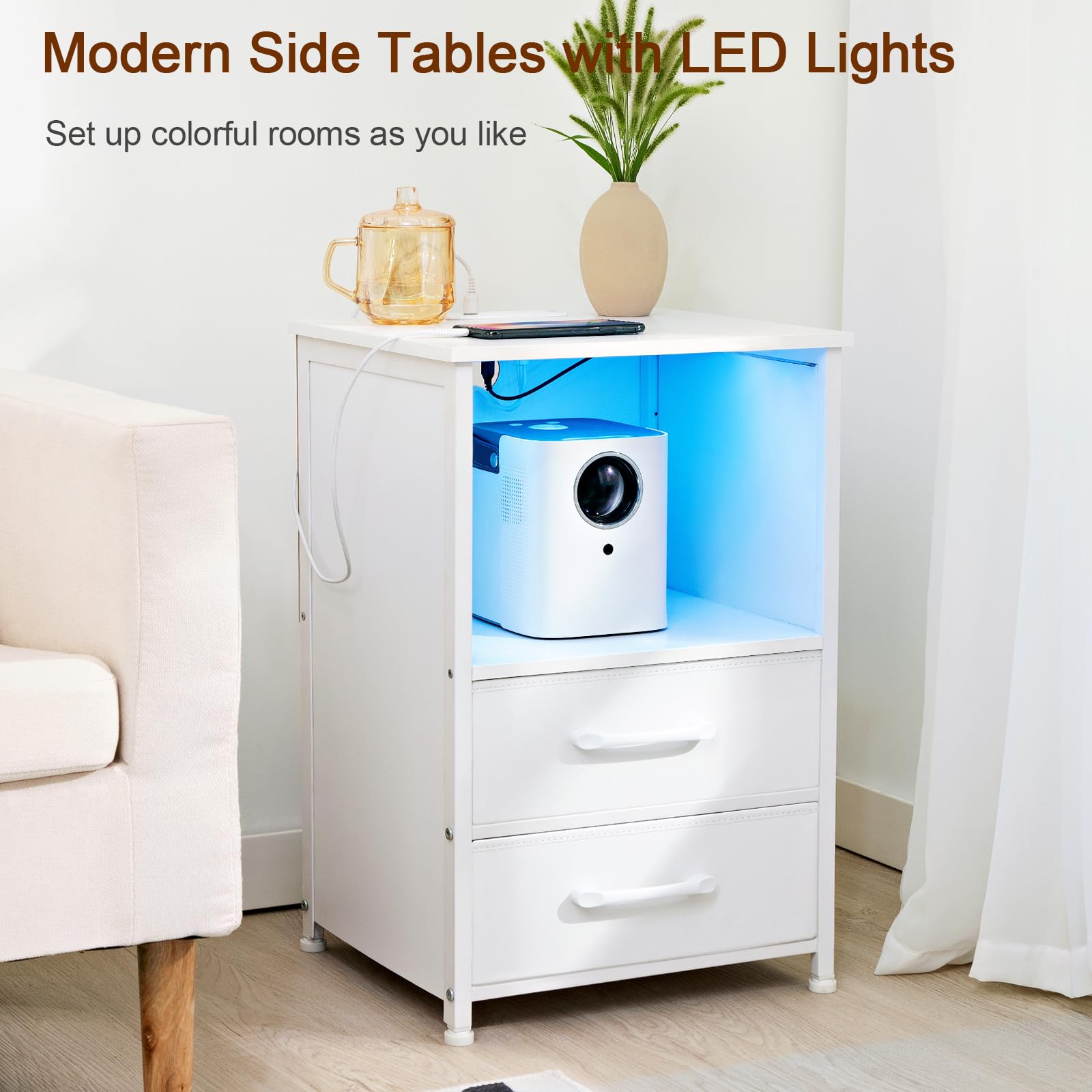 LOAKEKEL White Night Stand Set 2, LED Nightstand with Charging Station, End Tables with 3 Fabric Drawers, Bedside Table with USB Type C Port and Outlets for Bedroom, HNS033WT