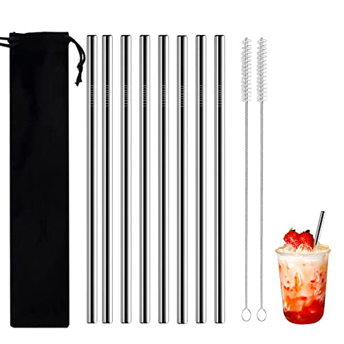 Stainless Steel Straws 8 pcs, Large 265mm (L)* 12mm (D) Straight Straws for 50 Oz Tumblers, Reusable Enviro Friendly straws with 2 Brushes, Clothing Bag Package for Parties/Home/Bar/Inns