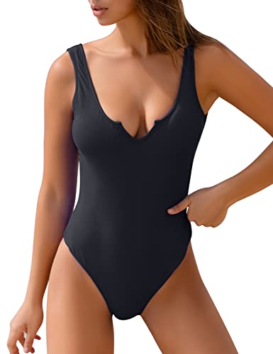 MELYUM One Piece Swimsuits for Women Cheeky High Cut Tummy Control Bathing Suits Low Back V Neck Swimwear Black