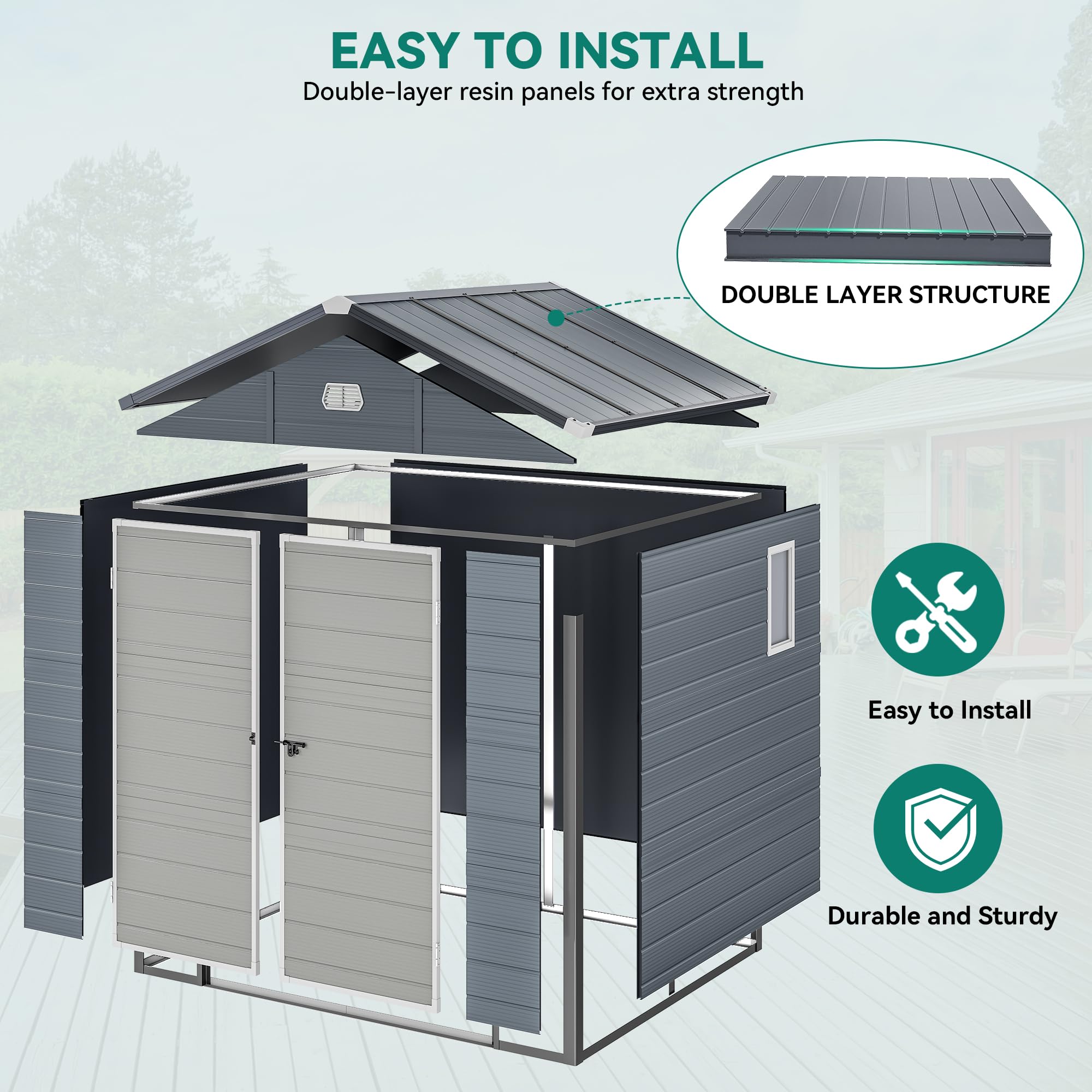 YITAHOME 7.87x6.2FT Outdoor Resin Storage Shed w/o Floor, All-Weather Plastic Shed with Lockable Doors, Window & Vents, Plastic Tool Shed for Backyard, Patio, Poolside, Lawn, Dark Gray
