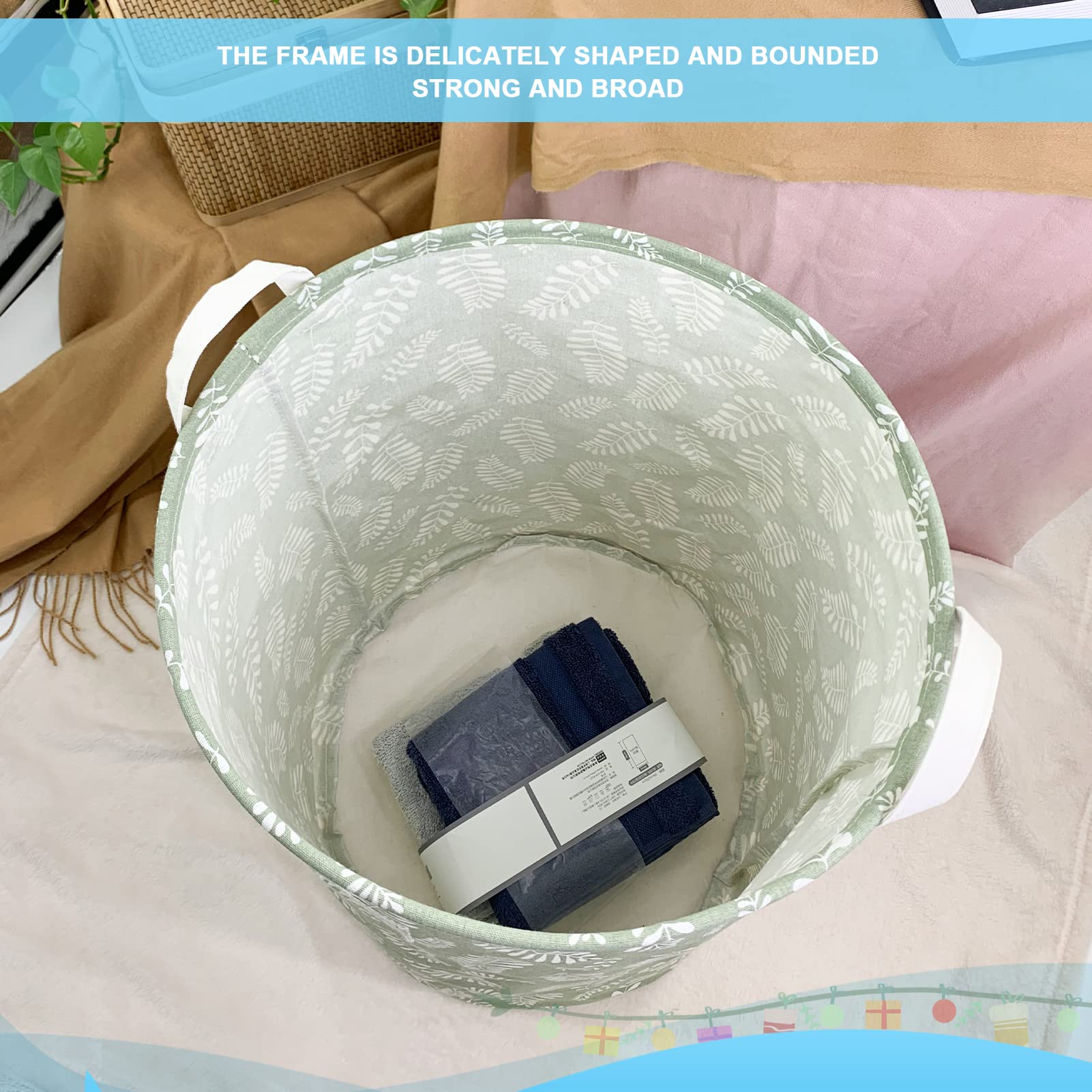 Mziart Large Foldable Laundry Basket Organizer, Collapsible Laundry Hamper Fabric Clothes Toy Storage Basket Nursery Hamper Storage Bin for Household Bedroom, Bathroom, College Dorm (Small White Leaf)