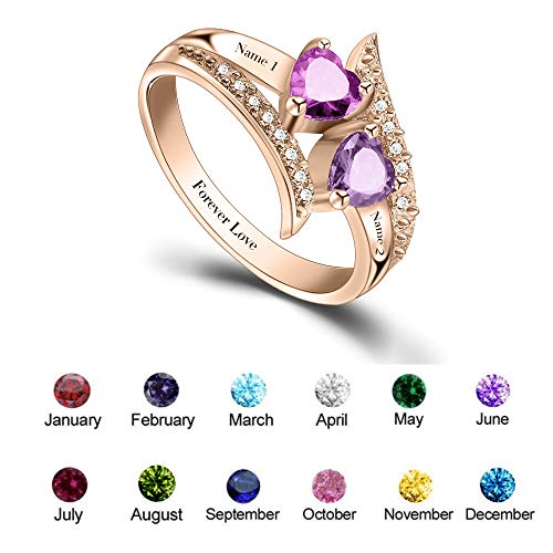 ORFAN Personalized Promise Rings for Her Custom Couples Name Ring for Women Mother Rings with 2 Simulated Birthstones Customized Christmas Gift for Her (Rose gold)