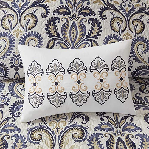 Madison Park Quilt Traditional Damask Design All Season, Lightweight Coverlet Bedspread Bedding Set, Matching Shams, Pillows, King/Cal King(104"x94"), Navy/White 6 Piece
