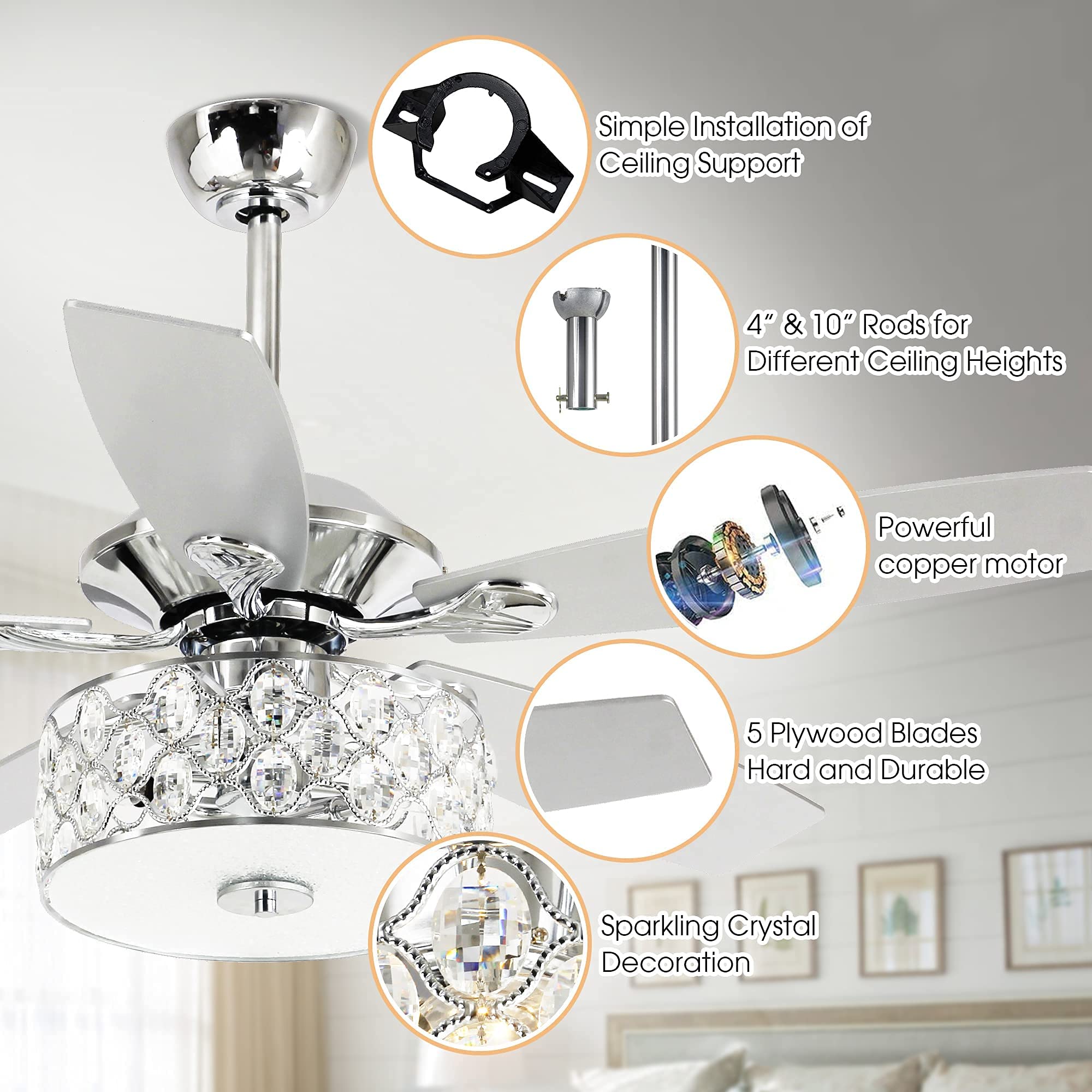 Parrot Uncle Ceiling Fans with Lights and Remote 52 Inch Chandelier Ceiling Fan with Light for Bedroom, Reversible Motor, 3 Speeds, Timer, Silver