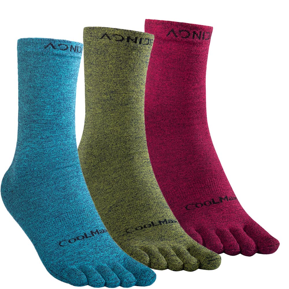 YOUGLE AONIJIE Hiking Toe Socks with Thickened Terry Lining Coolmax Five Finger Running Mid-Calf Socks Moisture Wicking Socks (L,2Pairs/Black, Blue)