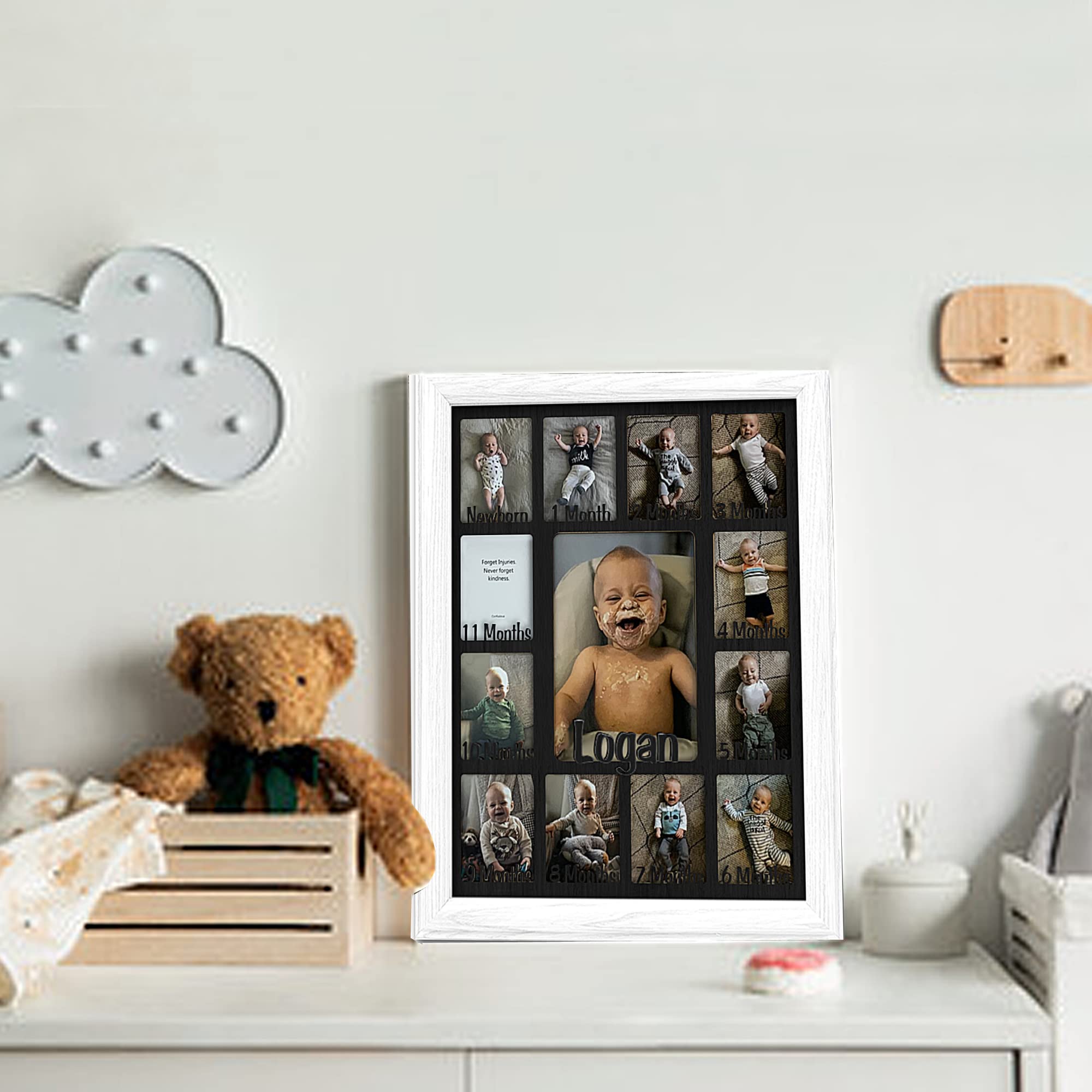 Northland Baby First Year Personalized Frame - Holds Twelve 2.5" x 3.5" Newborn Nursery Decor Photos and 5" x 7" One Year Picture, White Frame, White Mat, Customizable with any name