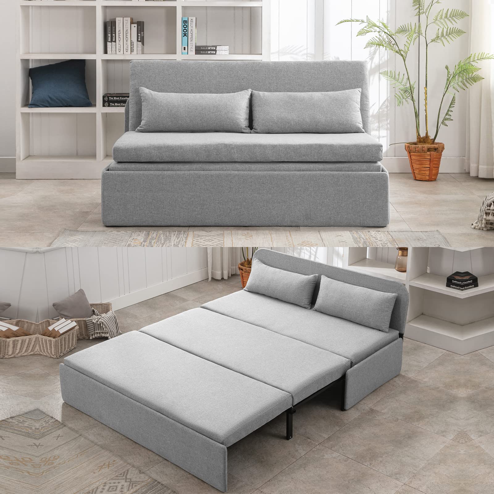 Mjkone Twin Size Pull out Sofa bed, 2-in-1 Modern Pull out Linen Sleeper Sofa Couch, Revesible couch bed with Cushions&Throw Pillows for Small place/Apartment/Living Room/Office/Studio(Light Gray)