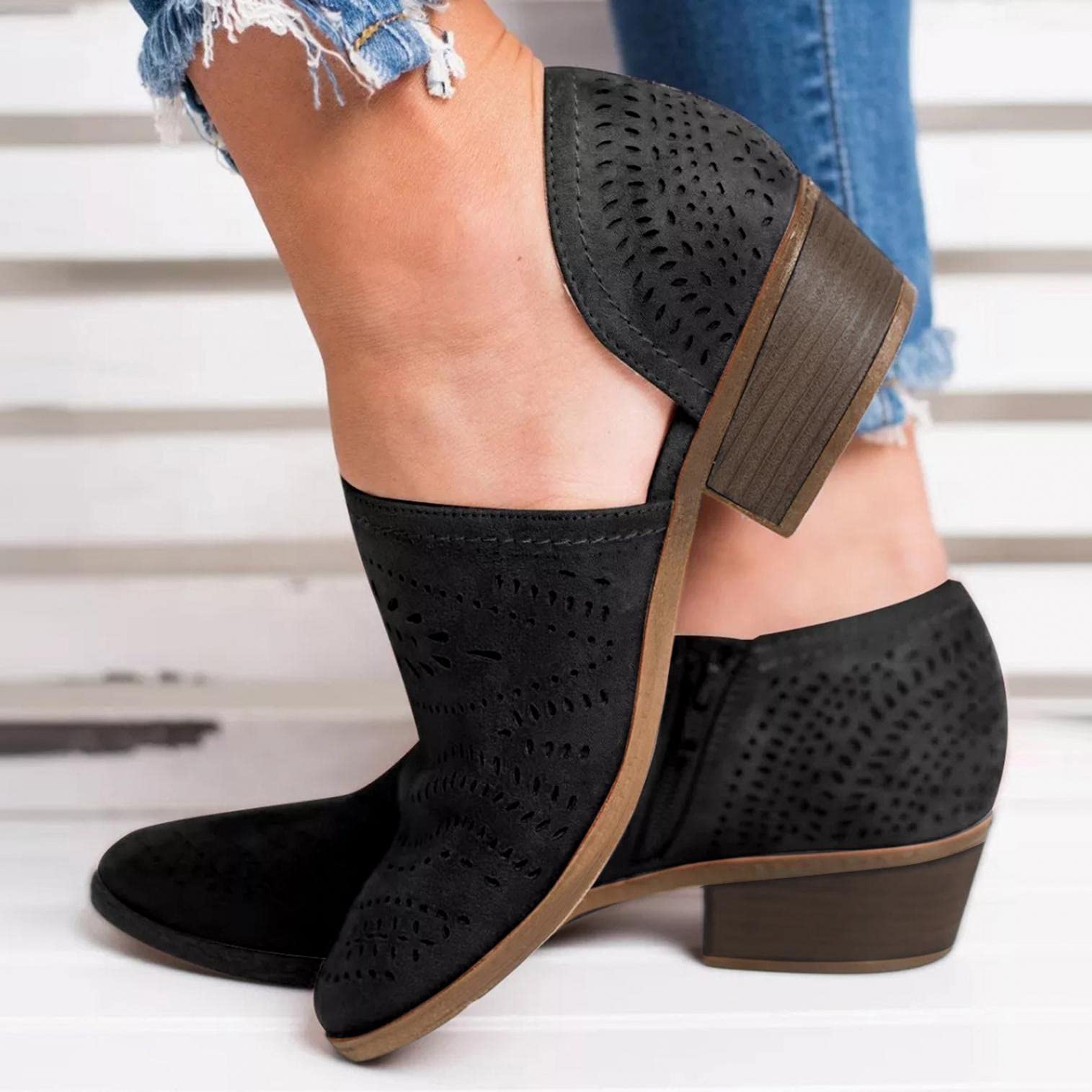 NOLDARES Boots for Women Low Heel Ankle Boots V Cutout Winter Warm Stacked Chunky Heel Outdoor Short Booties, Z2 Black, 10