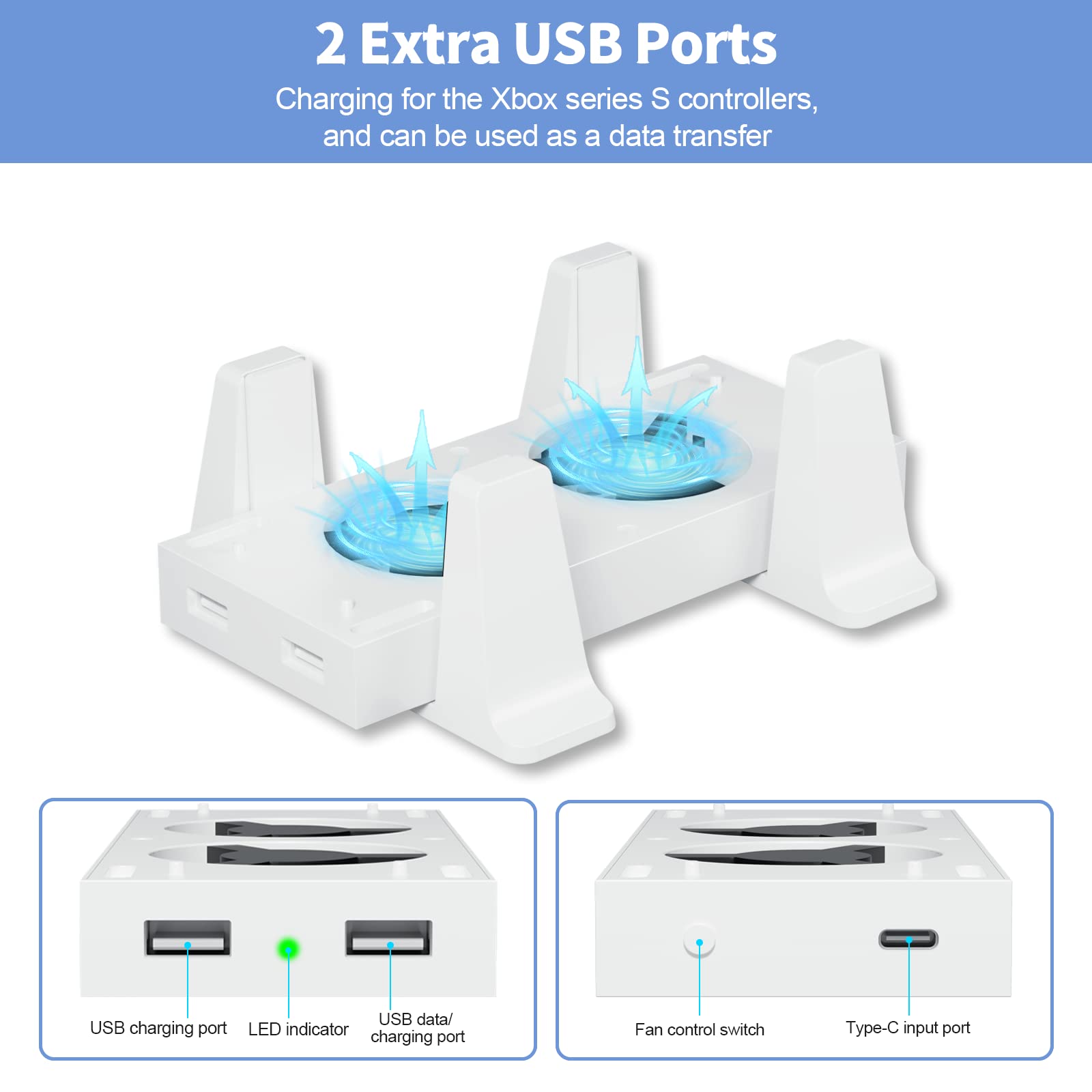 RTTACRTT Cooling Fan with Stand for Xbox Series S, Fan Cooling System, Cooling Stand Can Mount on Top or Bottom Cooler Station, 3 Fan Speeds Adjustable & 2 USB Ports