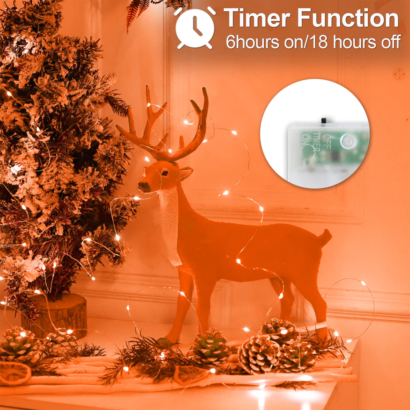 Malgero Orange Fall Fairy String Lights Battery Operated with Timer, 2Pack Total 100LED 32.8Ft Indoor Twinkle Lights Copper Wire Thanksgiving Decorfor Home,Party, Room