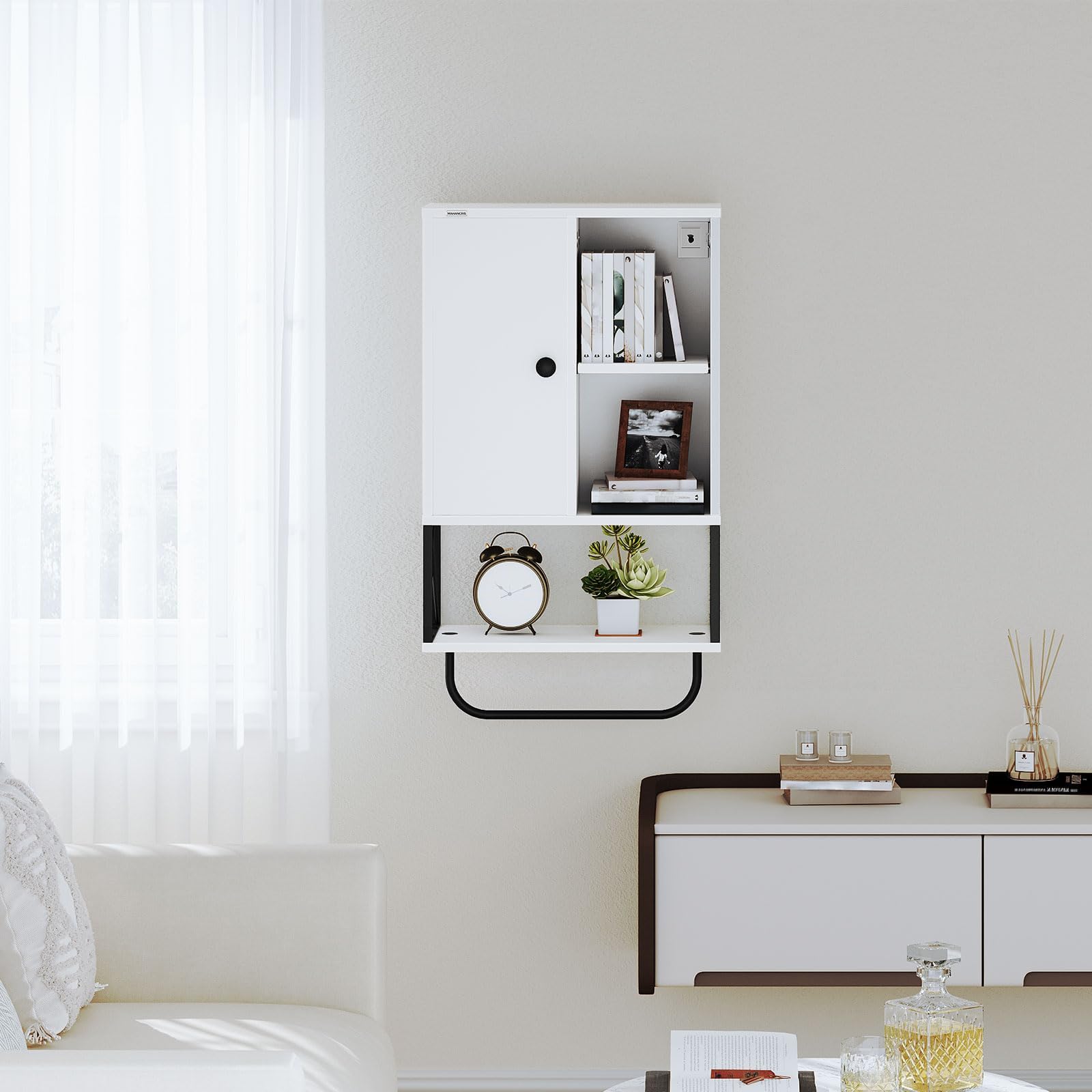 MAHANCRIS Bathroom Wall Cabinet, Medicine Cabinet with Single Door and Adjustable Shelf, Wall Mounted Over The Toilet Space Saver Storage Cabinet with Open Shelf, Bathroom Organizer, White