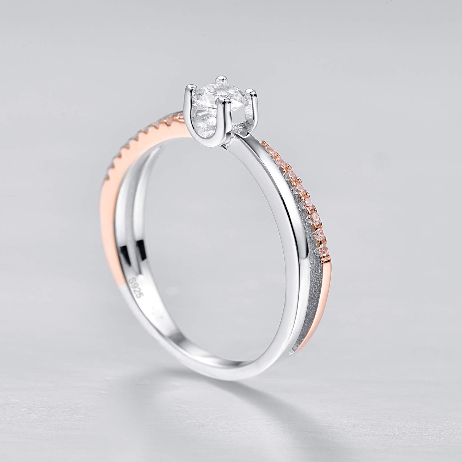 Momius 925 Sterling Silver Created White Topaz 4-Prong Elegant Split Shank with CZ Pave Wedding Engagement Eternity Band Ring for Women Size 6