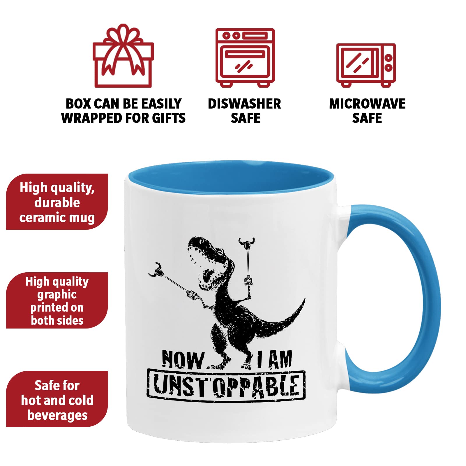 Okaytee T-rex Mug - Now I Am Unstoppable - Funny T-rex Dinosaur Gift Idea For Men and Women 11oz Two-Tone Mug White And Light Blue