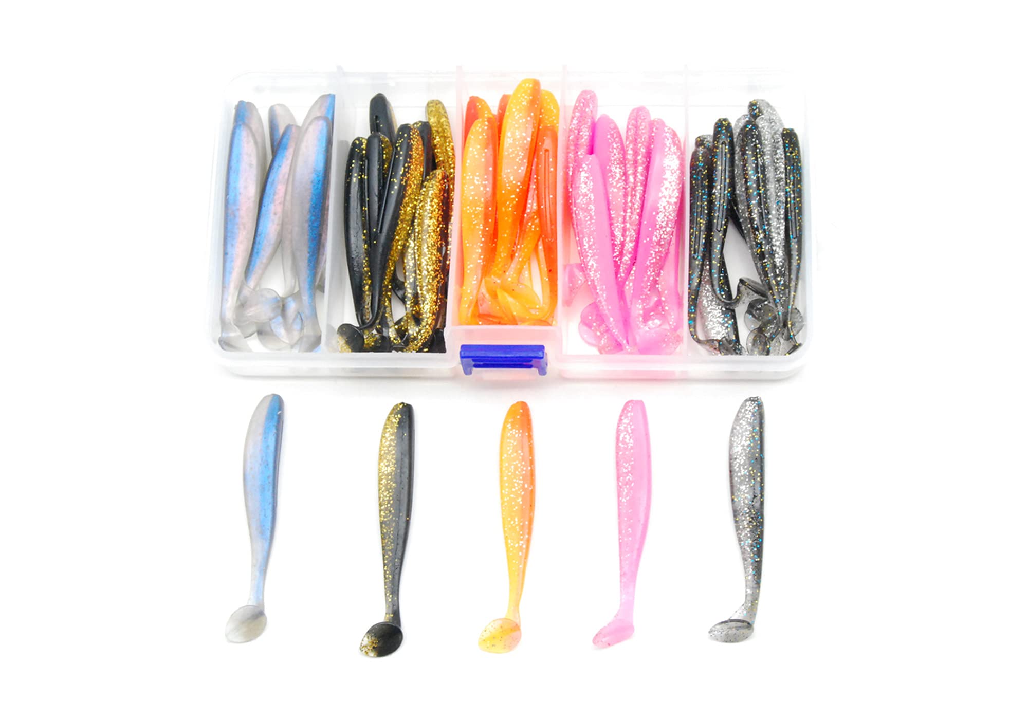 Papa.Jiang 53 PCS Soft Finshing Lure for Bass, Soft Paddle Tail Fishing Swimbaits Lures, 2.7 inch, Multiple Color Available with Box