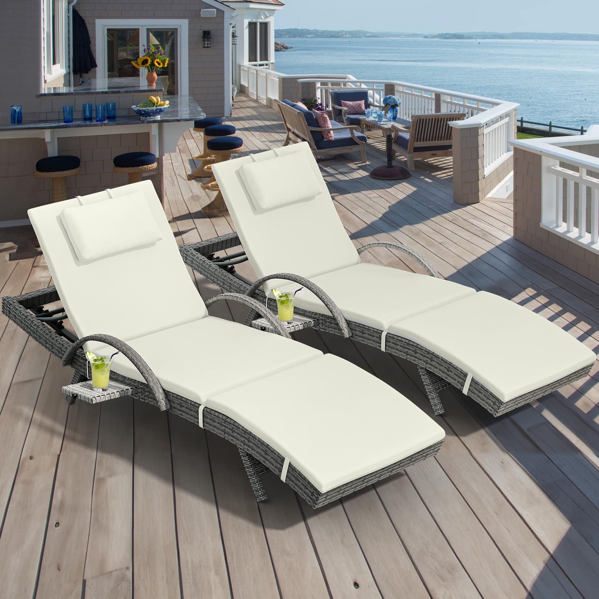 YITAHOME Patio Chaise Lounge Chair Set of 2, Wicker Chaise Lounge Outdoor Rattan Reclining Chair with Armrests/Pull-Out Cup Holder/5-Position Backrest/Cushion & Headrest-Beige