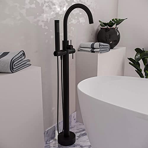 Westbrass DF02043-62 Floor Mount Freestanding Bathtub Filler Faucet with Handheld Shower, Matte Black